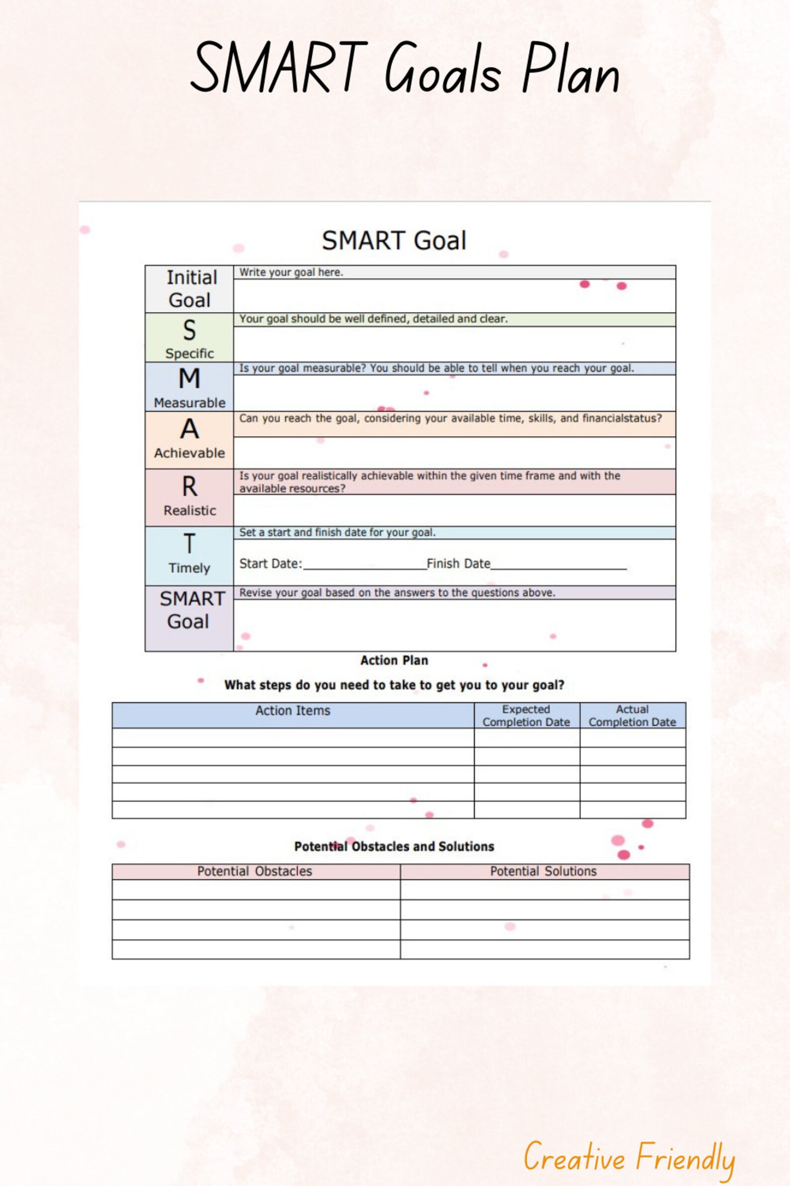 SMART Goals Template: Action Steps Worksheet (printable PDF) - Etsy
