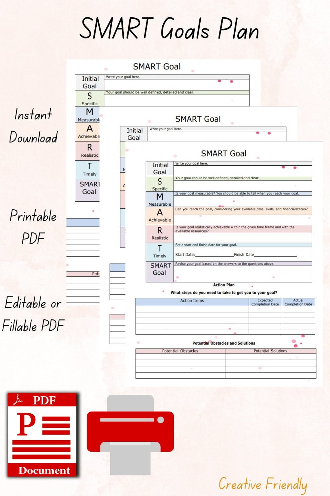 SMART Goals Template: Action Steps Worksheet (printable PDF) - Etsy