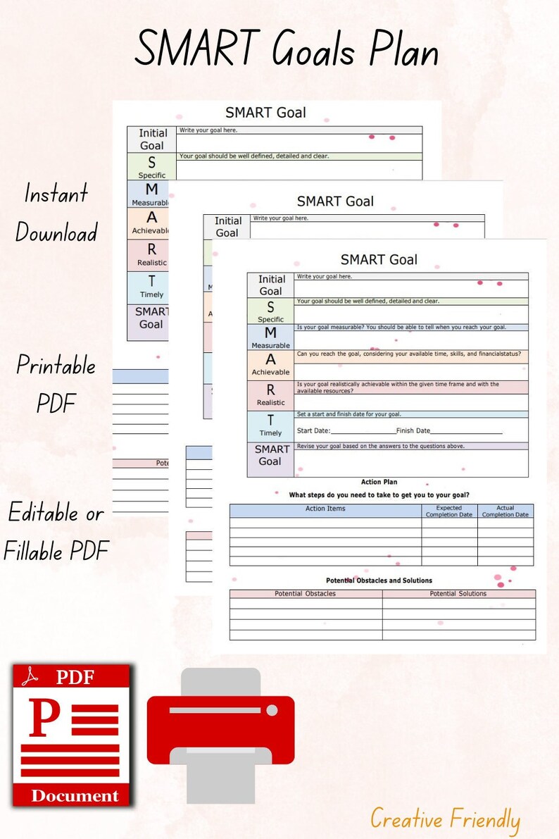 SMART Goals Template: Action Steps Worksheet (printable PDF) - Etsy