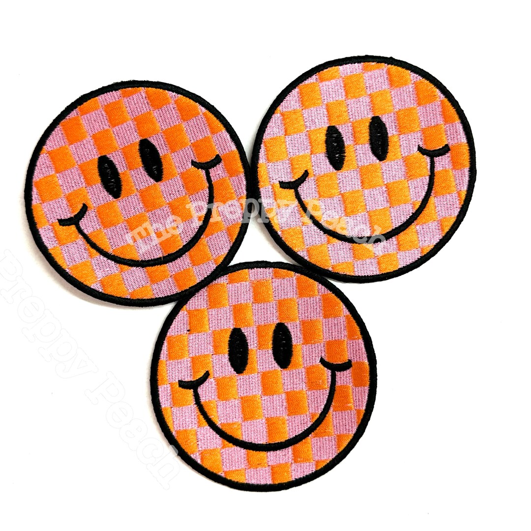 Smiley Plaid Patch Smiley Iron on Patch Circle Patch Orange Pink Plaid Patch Iron on Patch Happy ...