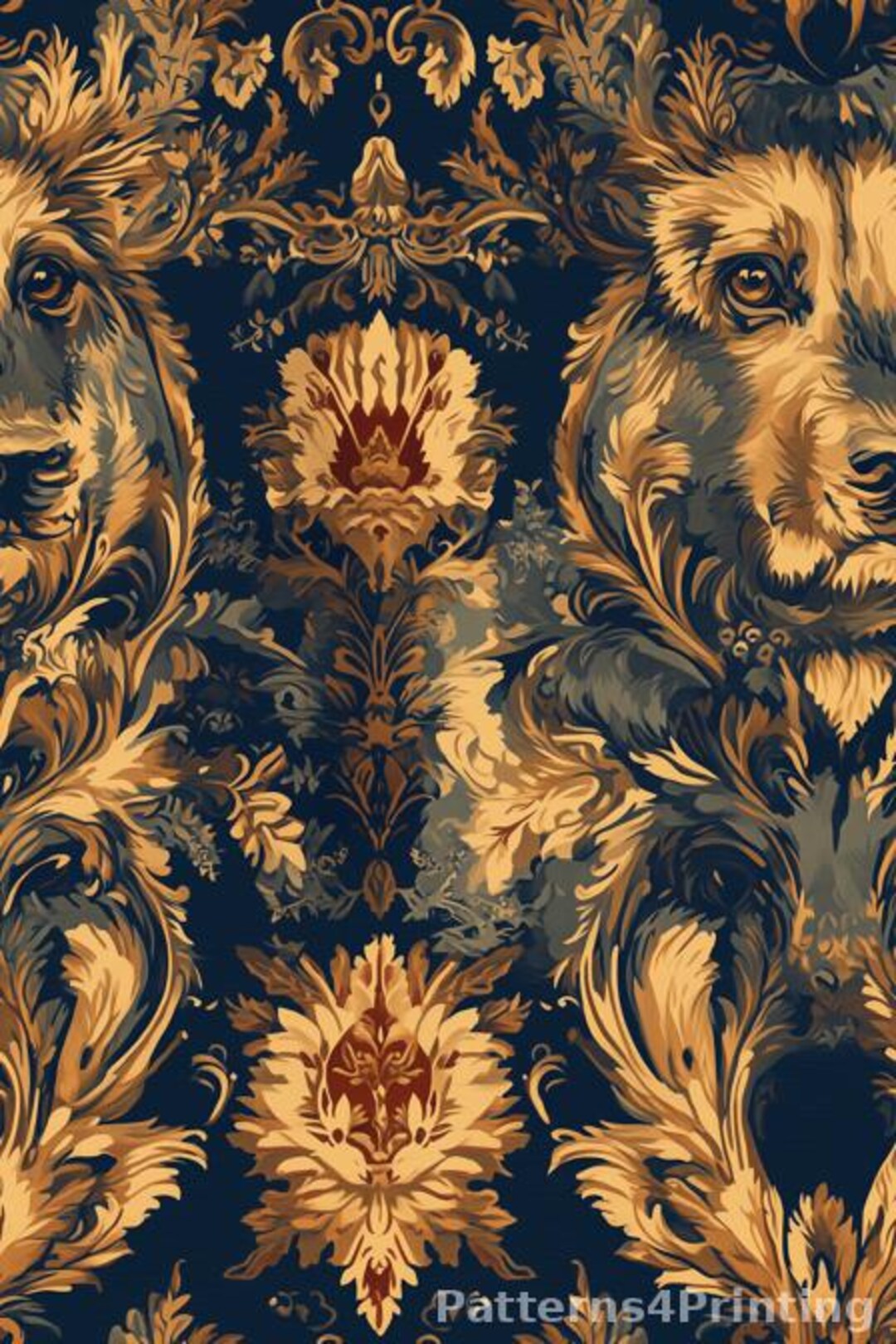 Elegant Floral Dog Portrait Luxe Digital Pattern Print for Fabric ...