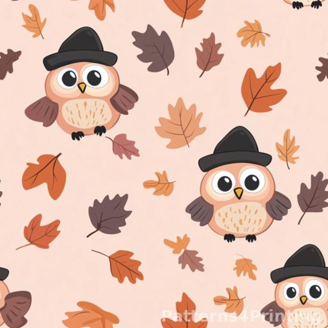 Adorable Owl and Fall Leaves Digital Pattern Print for Cozy Fabric ...