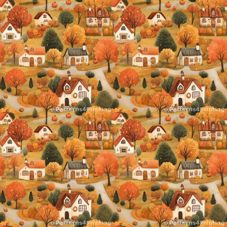 Charming Autumn Village Digital Pattern Print in Warm Colors for Fabric ...