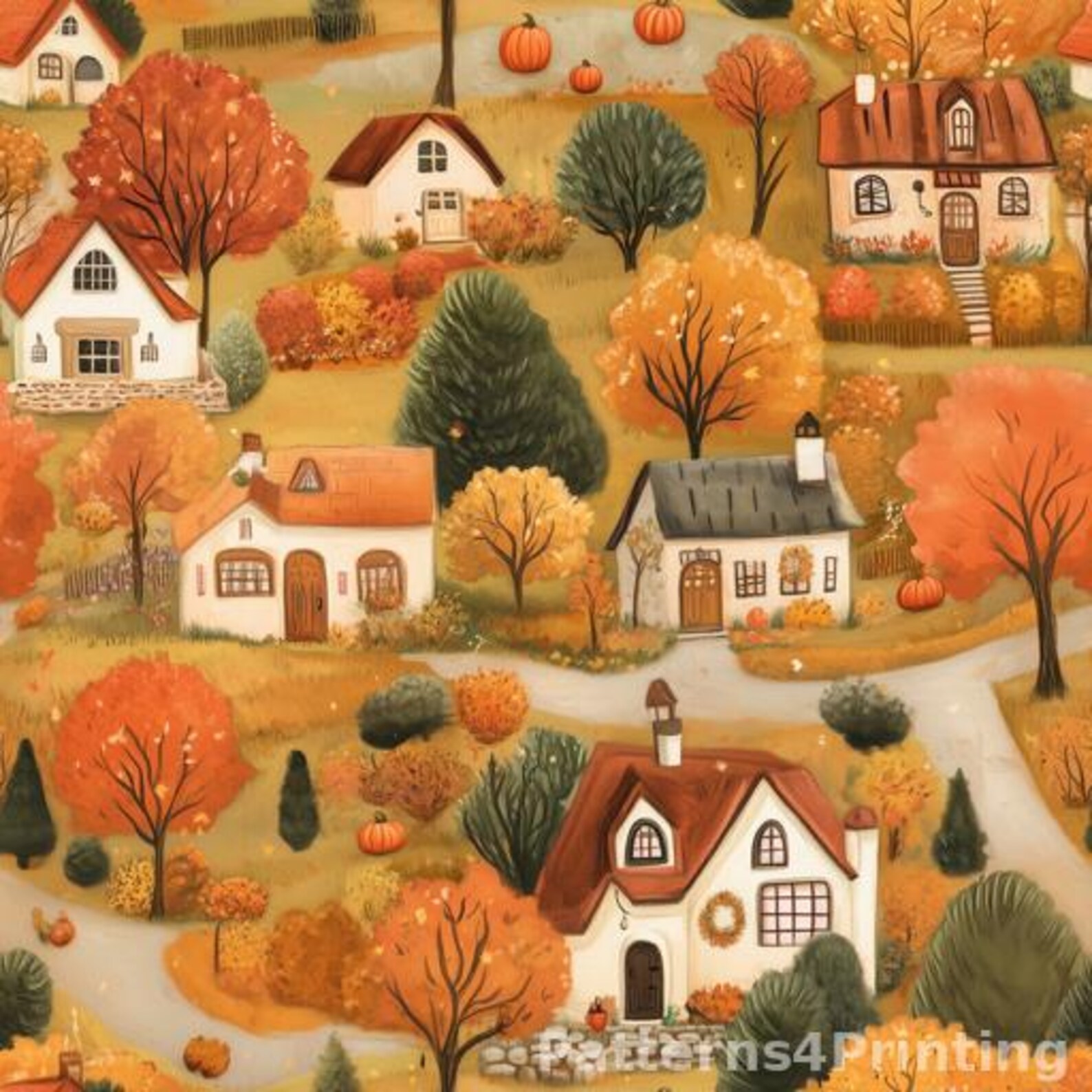 Charming Autumn Village Digital Pattern Print in Warm Colors for Fabric ...