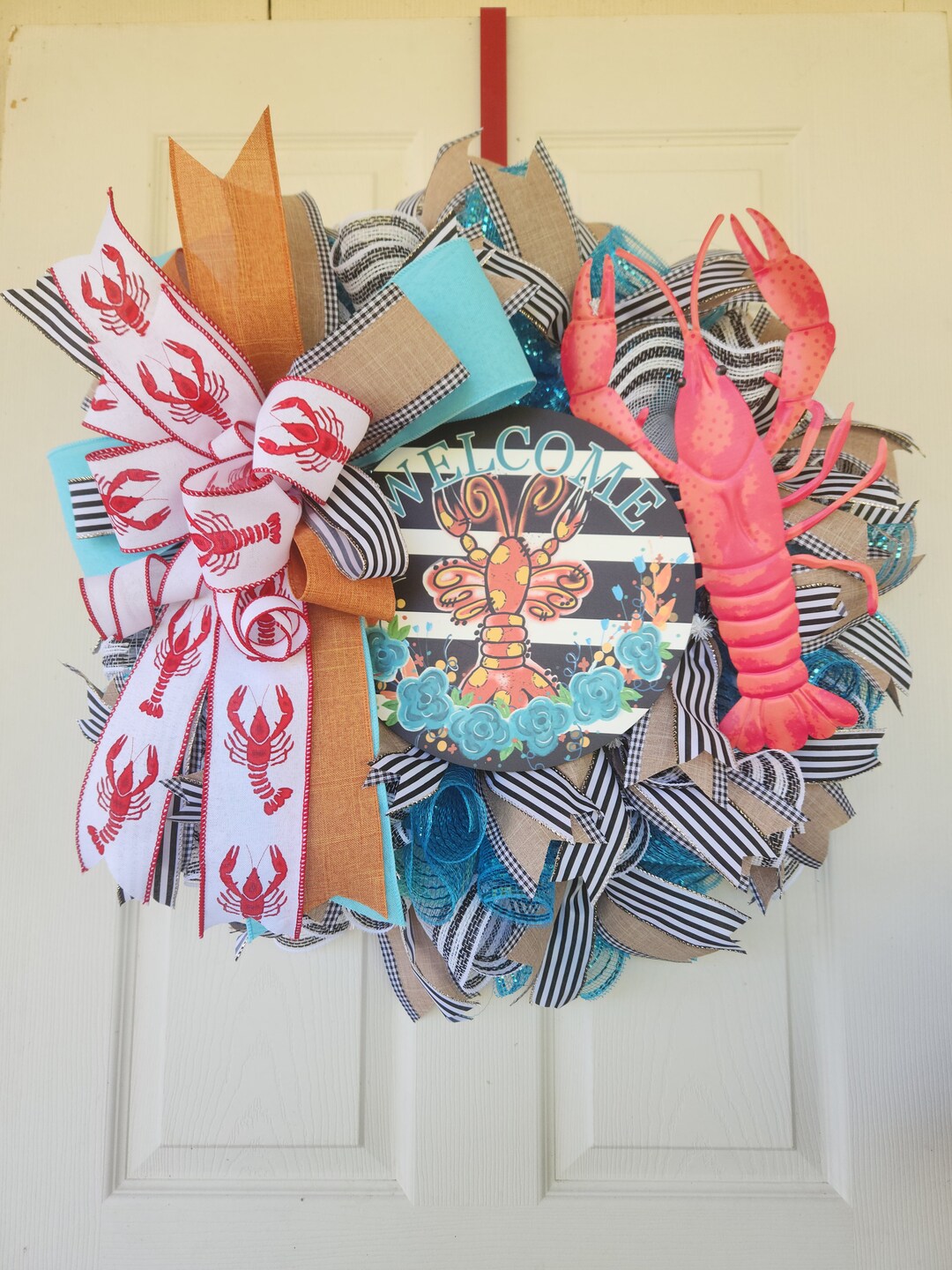 Welcome Wreath With Crawfish Deco Mesh Complete With Crawfish Ribbon - Etsy
