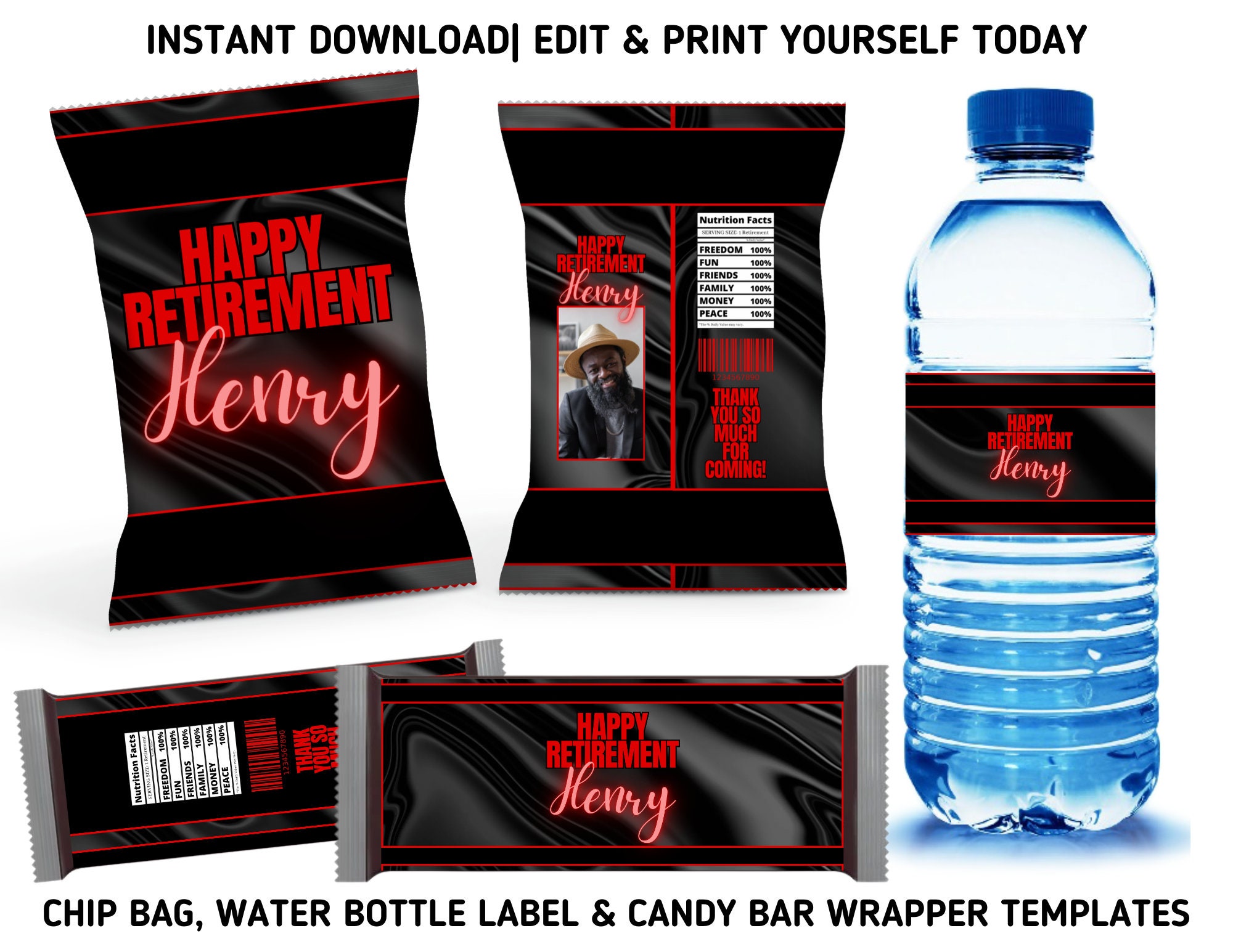 Red/black Retirement Chip Bag, Water Bottle Labels & Candy Bar Wrapper ...