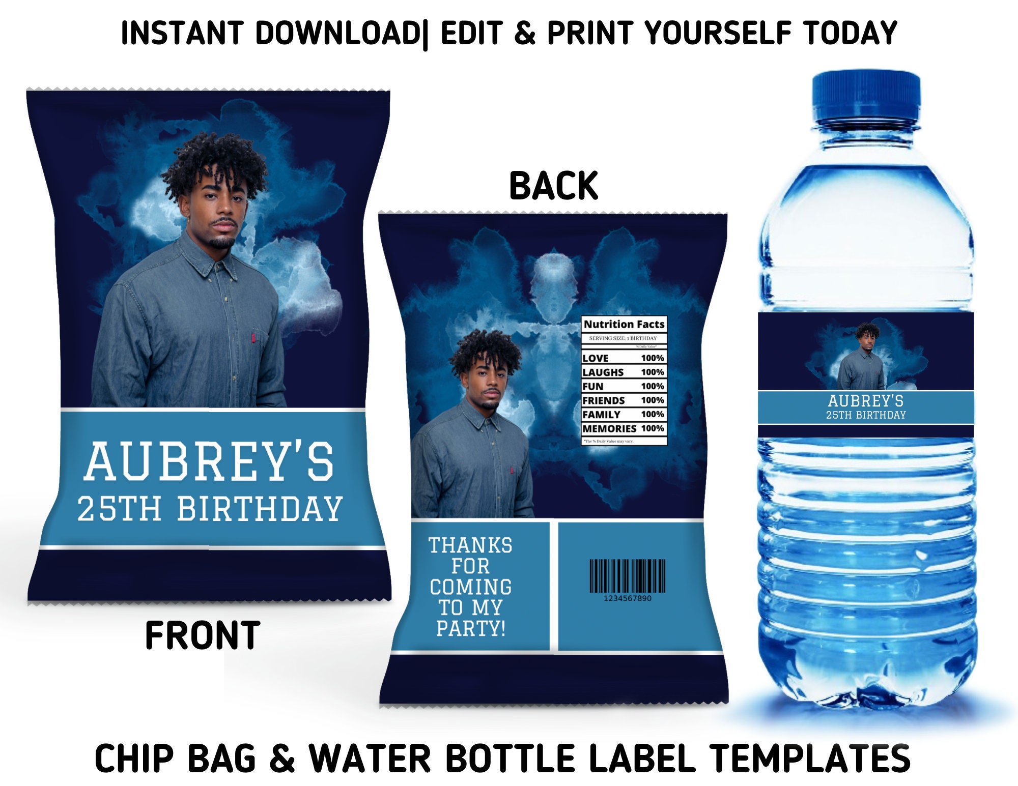 Shades of Blue Birthday Party Template Bundle, Blue Chip Bag & Water ...