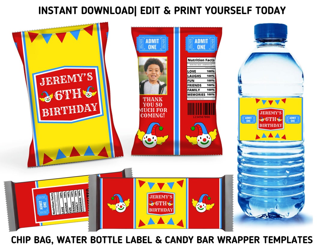 Circus Clown Birthday Chip Bag, Water Bottle Labels & Candy Bar Wrapper ...