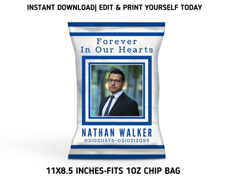 Blue Clouds Funeral Chip Bag, Water Bottle Labels & Candy Bar Wrapper ...