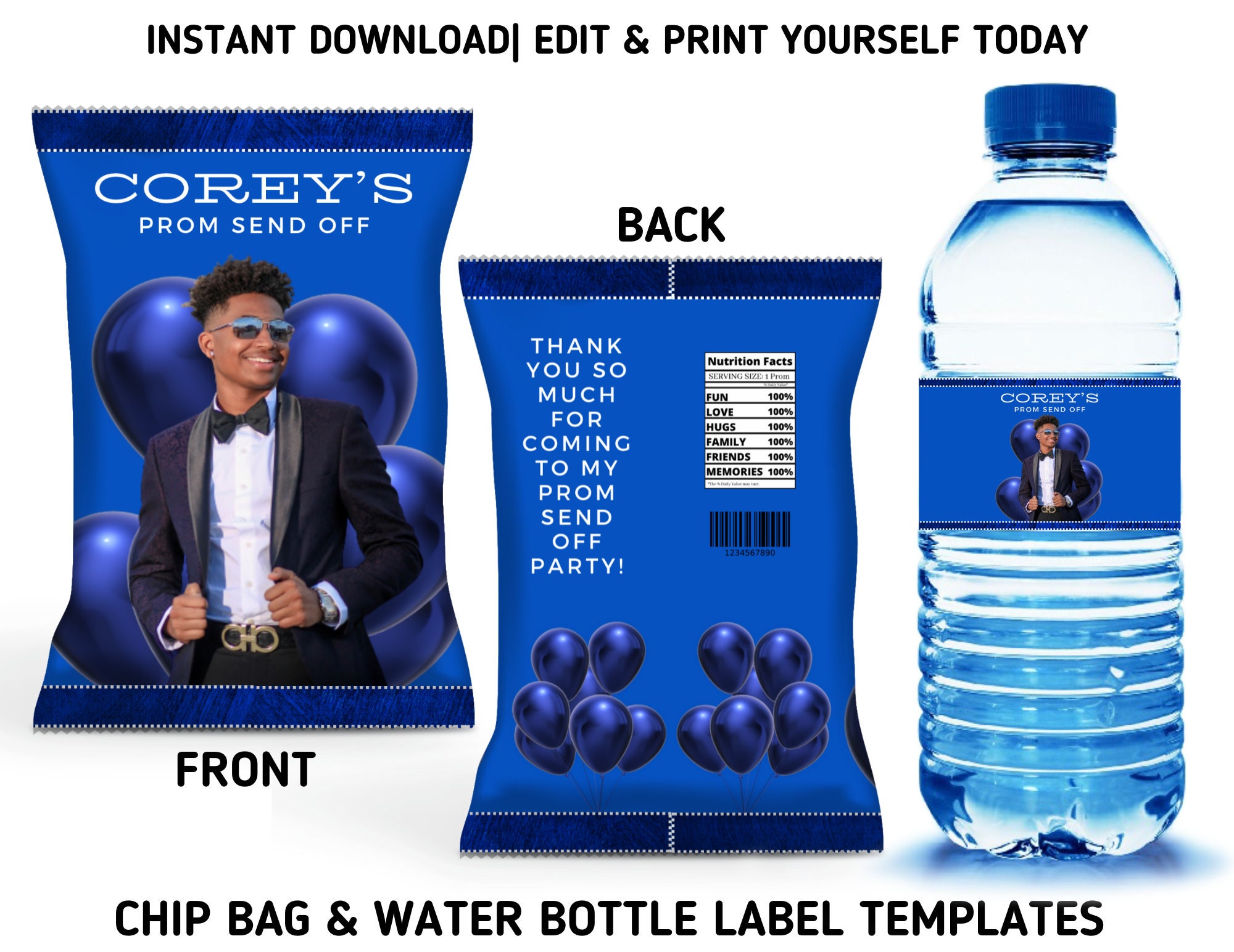 Blue Prom Party Template Bundle, 2024 Prom Chip Bag & Water Bottle ...