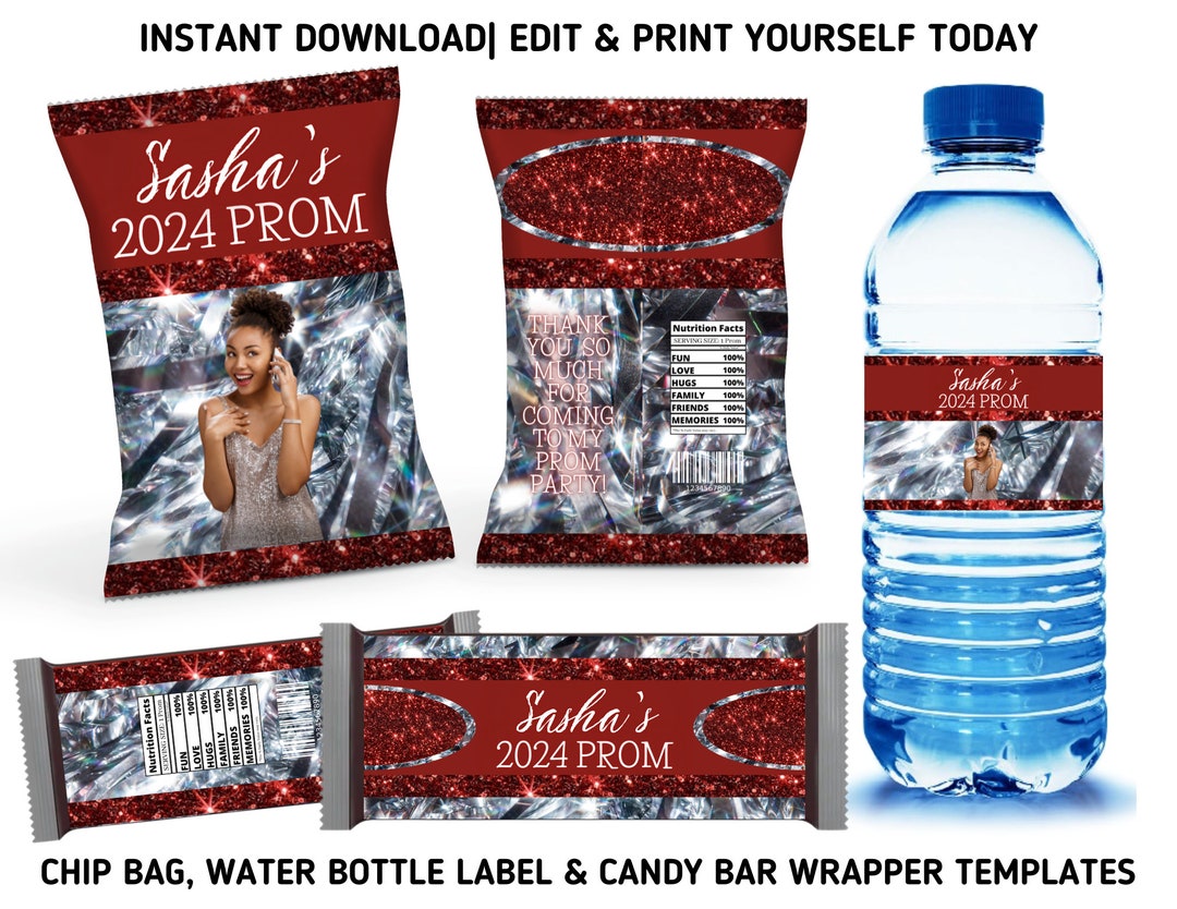 Red Prom Party Chip Bag, Water Bottle Labels & Candy Bar Wrapper ...