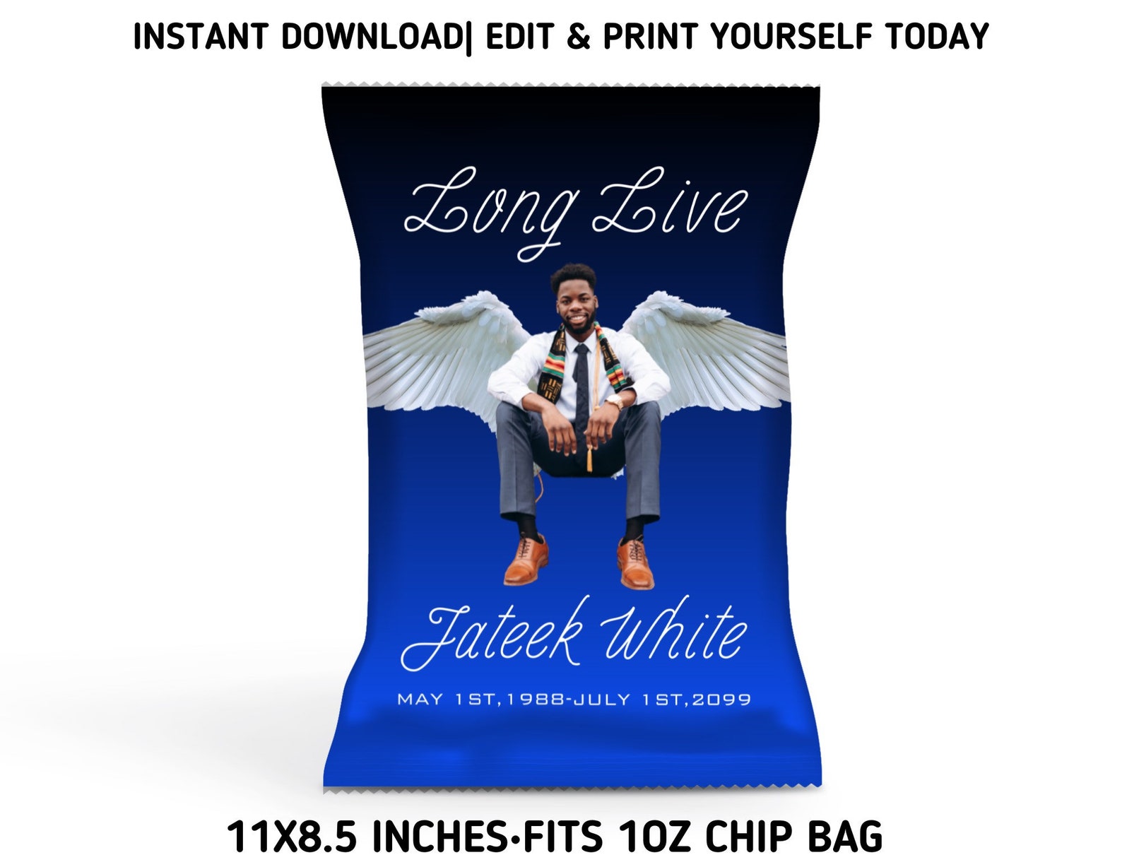 Blue and Black Funeral Template Bundle, Angel Wings Funeral Chip Bag ...