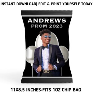 Black and Silver Prom Party Template Bundle, 2023 Prom Chip Bag & Water ...