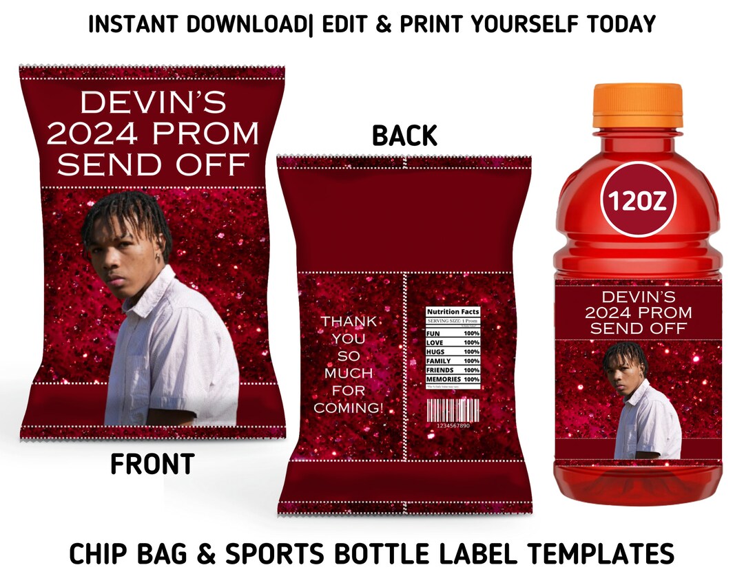Red Sparkle Prom Send off Chip Bag & Sports Drink Label Template Bundle ...