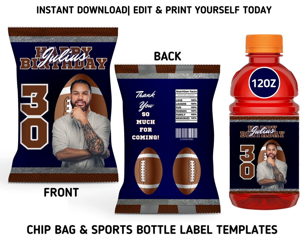 Blue Football Theme Birthday Chip Bag & Sports Bottle Label Templates ...