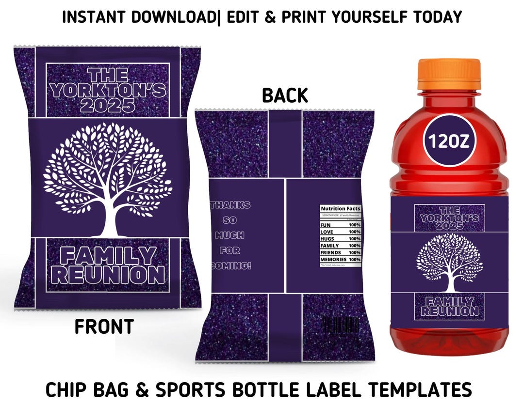 Family Reunion Chip Bag & Sports Drink Label Template Bundle, Printable ...