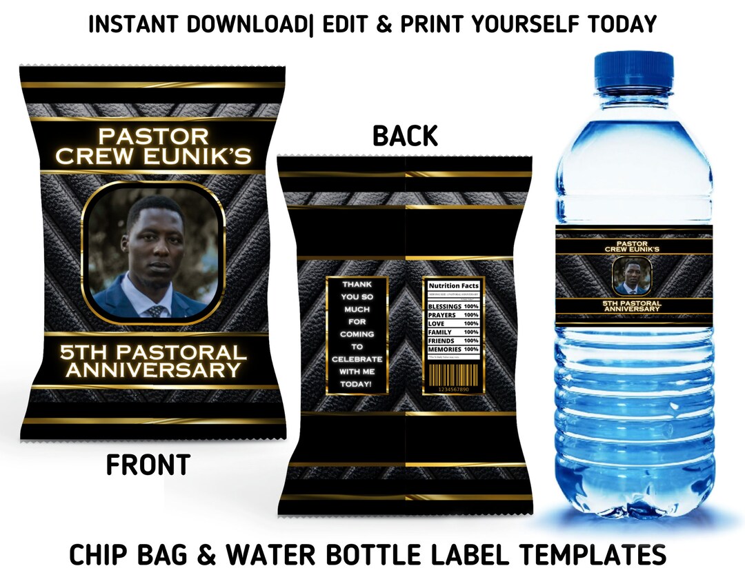 Gold Pastoral Anniversary Chip Bag & Water Bottle Label Templates ...