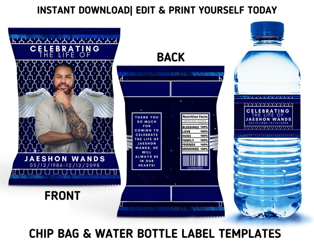 Blue Funeral Template Bundle, Blue Funeral Chip Bag & Water Bottle ...
