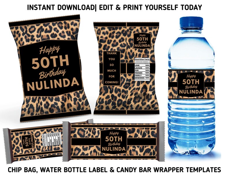 Leopard Print Birthday Chip Bag, Water Bottle Labels & Candy Bar ...