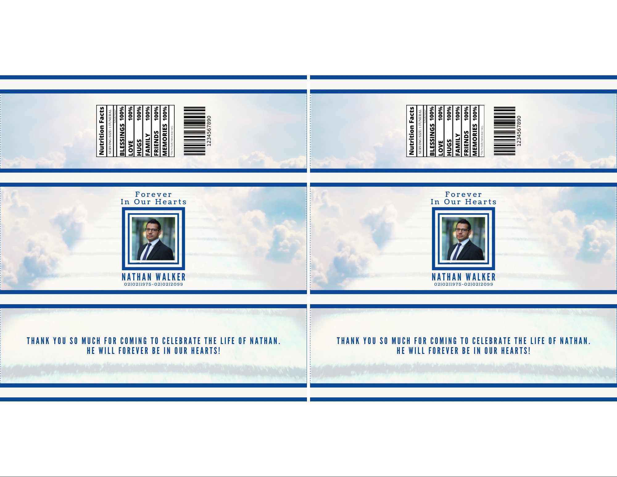 Blue Clouds Funeral Chip Bag, Water Bottle Labels & Candy Bar Wrapper ...