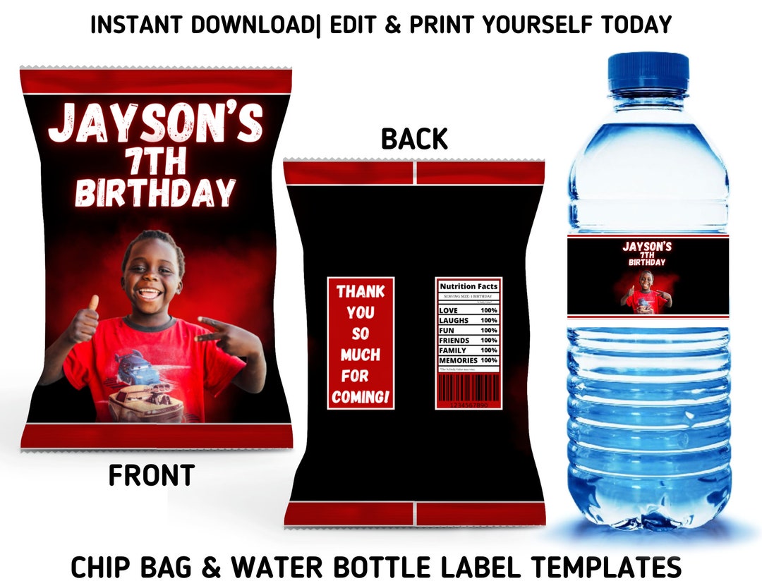 Red and Black Birthday Party Template Bundle, Red Chip Bag & Water ...