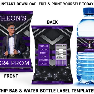 Purple/black Prom Party Template Bundle, 2024 Prom Chip Bag & Water ...