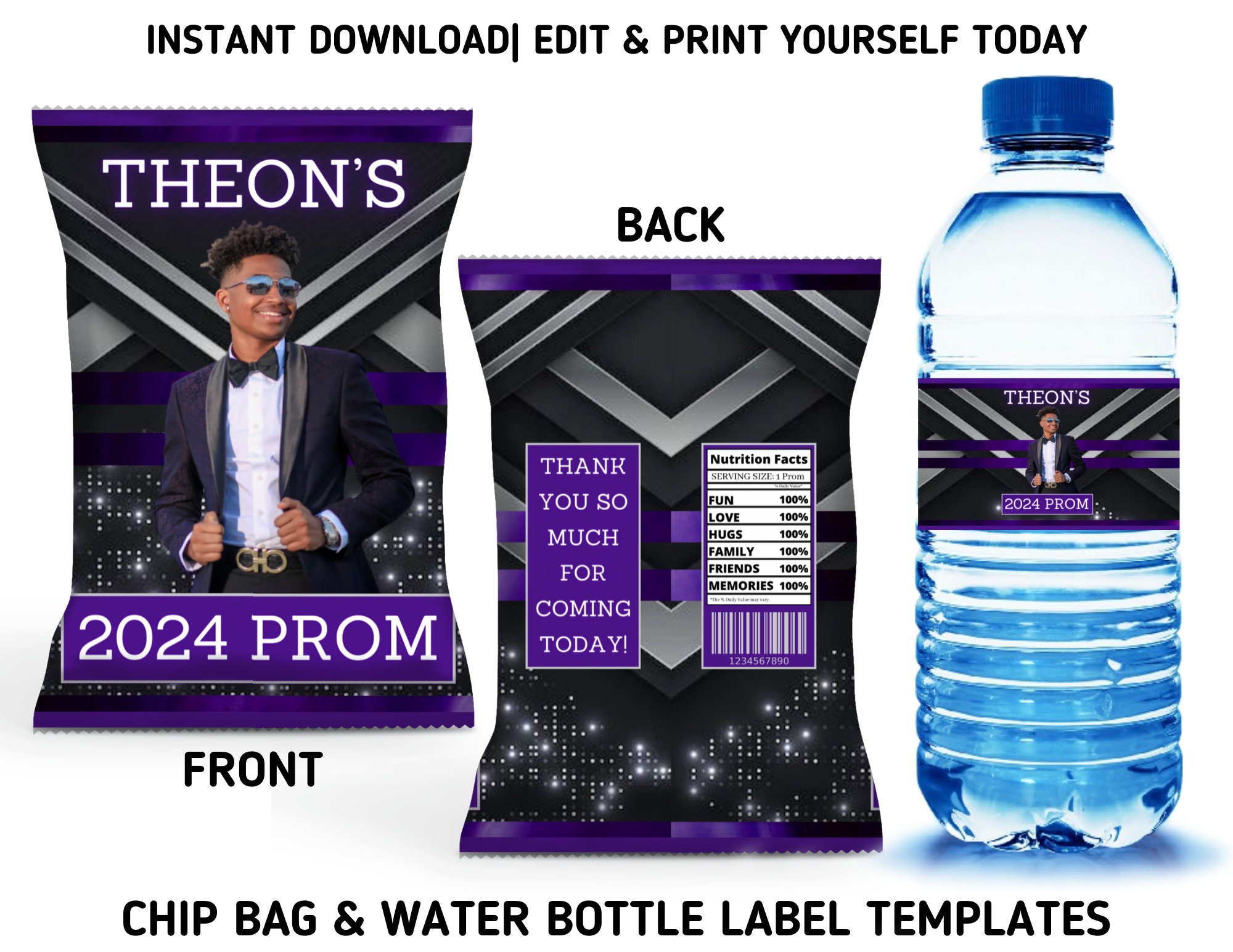 Purple/black Prom Party Template Bundle, 2024 Prom Chip Bag & Water ...