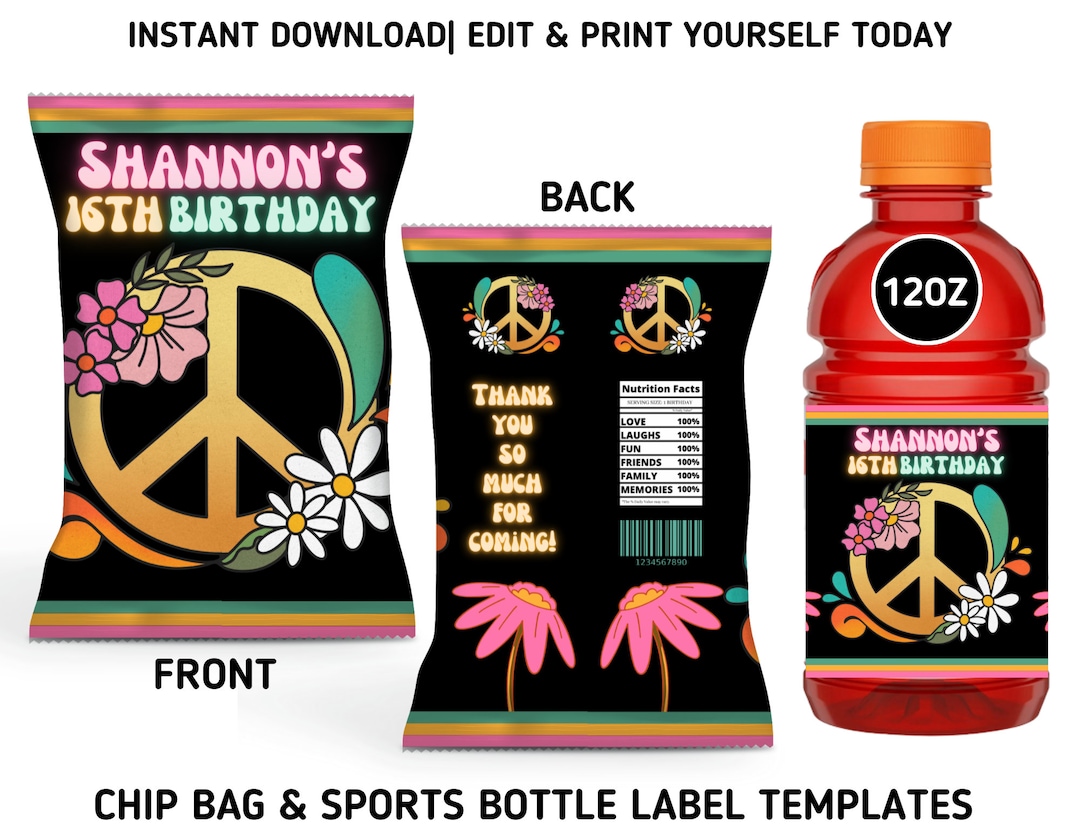Peace Sign Hippie Birthday Chip Bag & Sports Bottle Label Templates ...