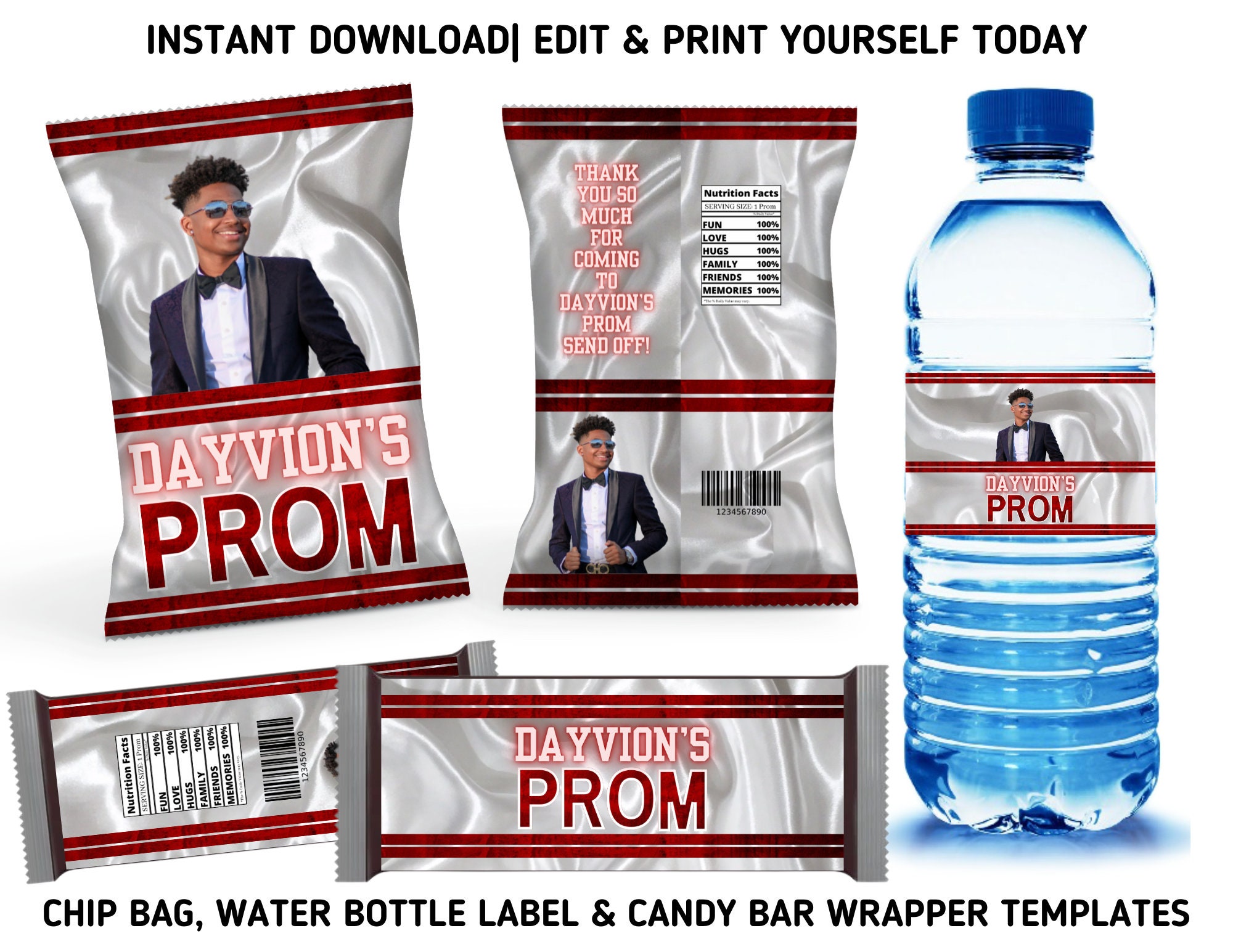 Red Prom Party Chip Bag, Water Bottle Labels & Candy Bar Wrapper ...