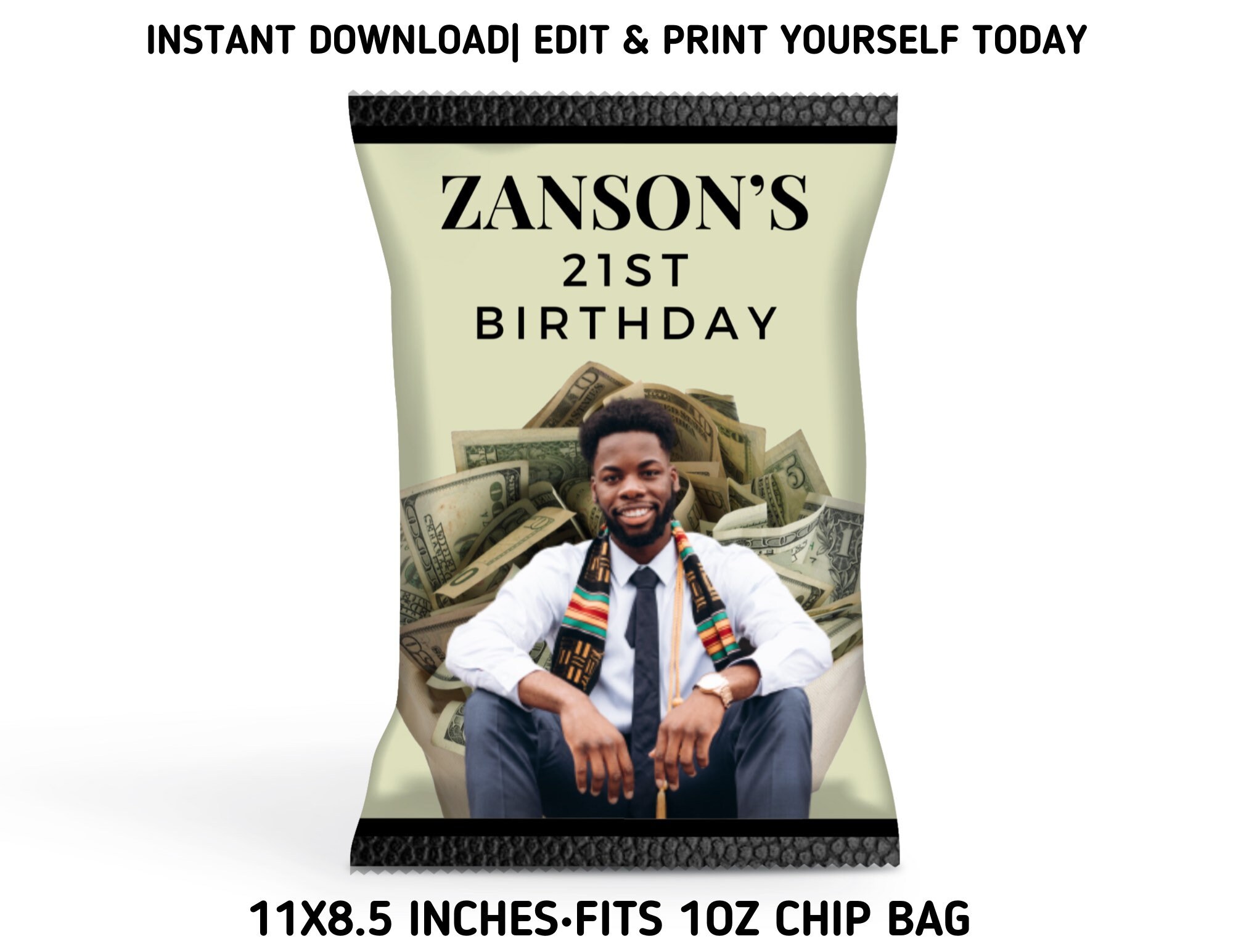 Green Money Birthday Party Template Bundle, Money Theme Chip Bag ...