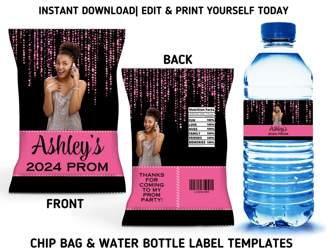 Pink Prom Party Template Bundle, 2024 Prom Chip Bag & Water Bottle ...