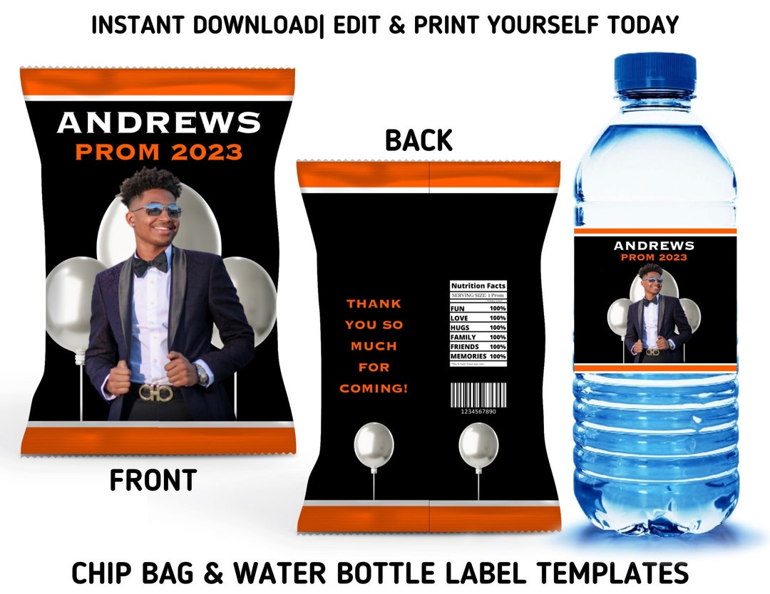 Black and Orange Prom Party Template Bundle, 2023 Prom Chip Bag & Water ...