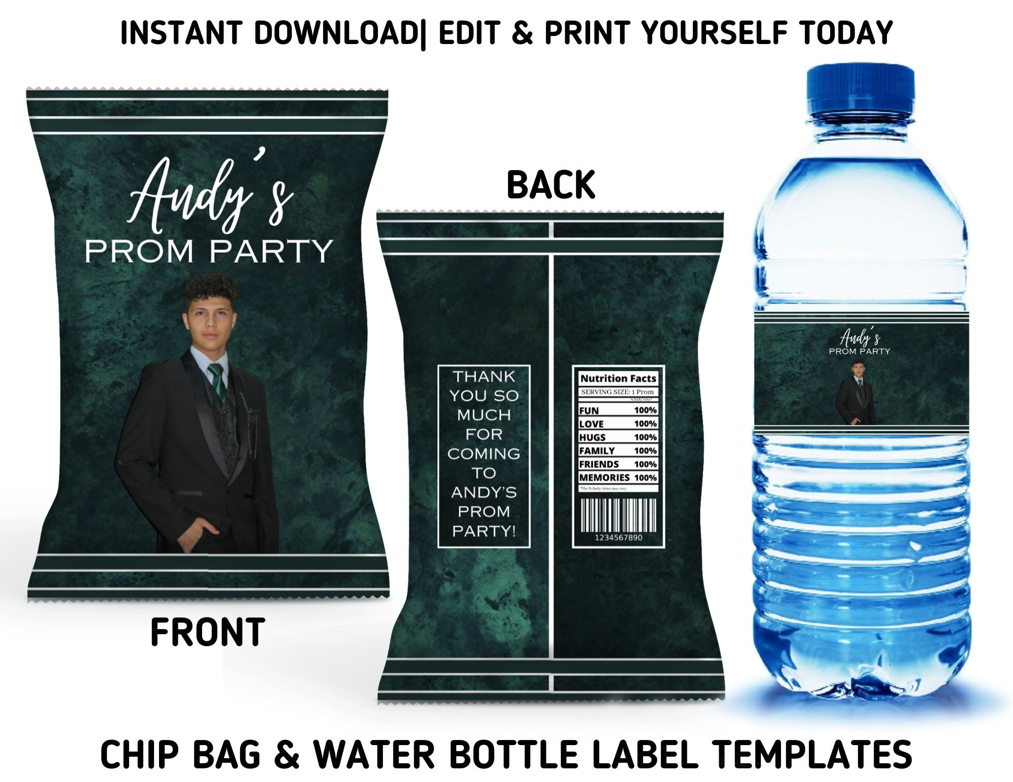 Green Prom Party Template Bundle, 2024 Prom Chip Bag & Water Bottle ...