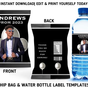 Black and Silver Prom Party Template Bundle, 2023 Prom Chip Bag & Water ...