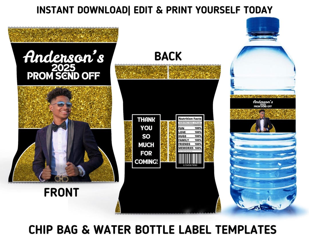 Black/gold Prom Party Template Bundle, 2025 Prom Send off Chip Bag ...
