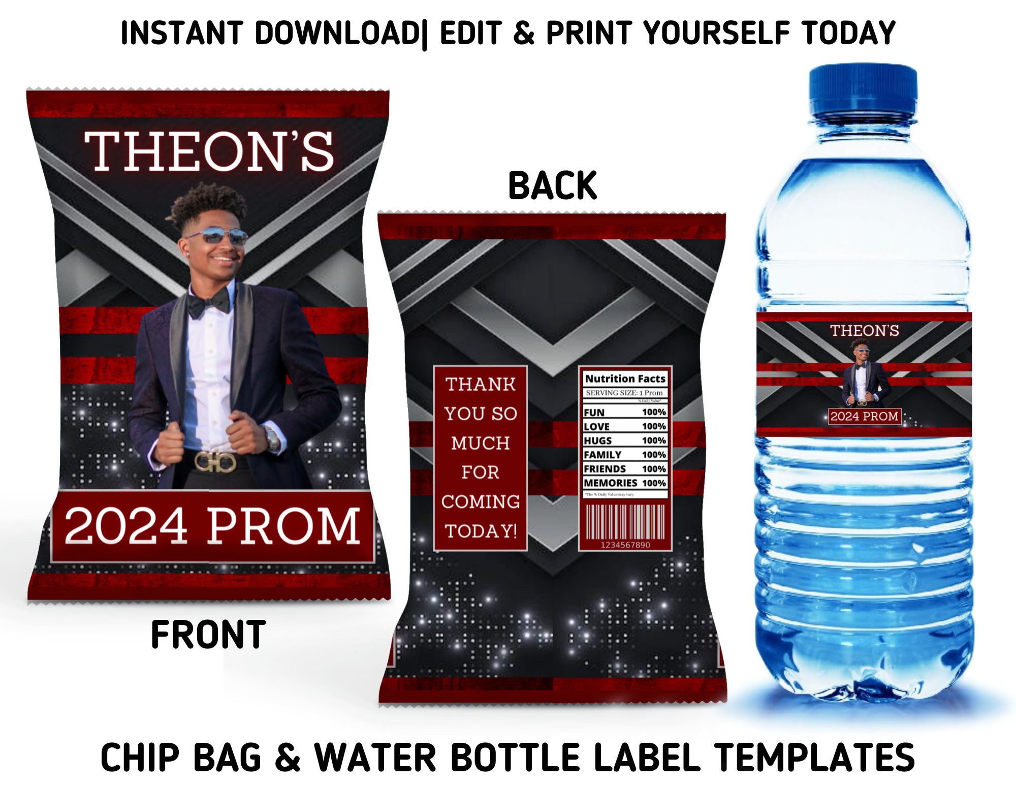 Black and Red Prom Party Template Bundle, 2024 Prom Chip Bag & Water ...
