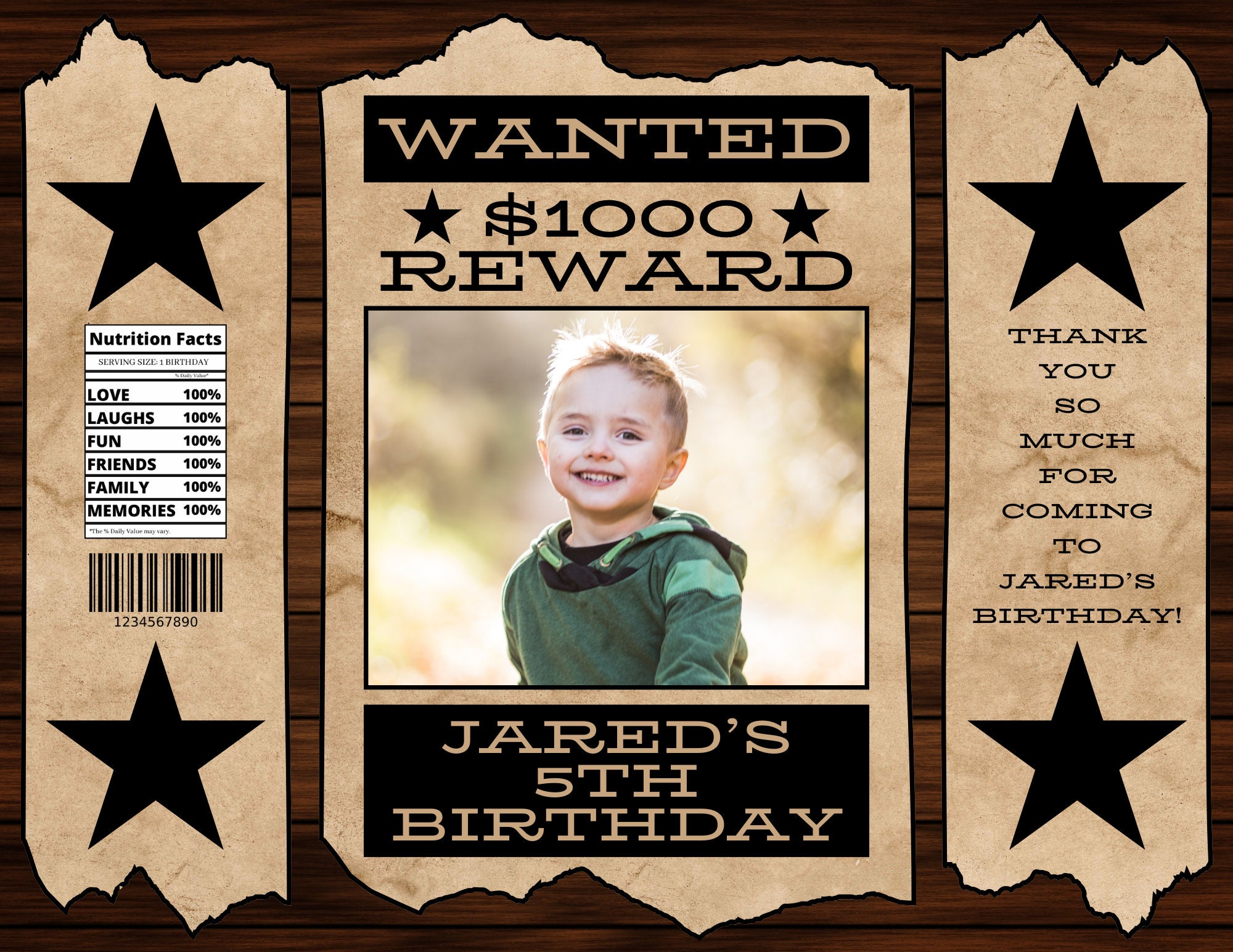 Wanted Poster Birthday Chip Bag, Water Bottle Labels & Candy Bar ...
