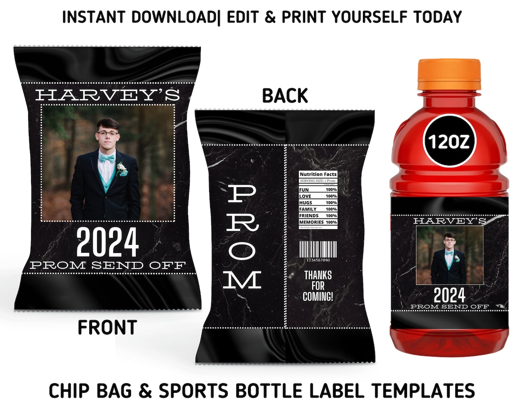 Black Prom Chip Bag & Sports Drink Label Template Bundle, Printable ...