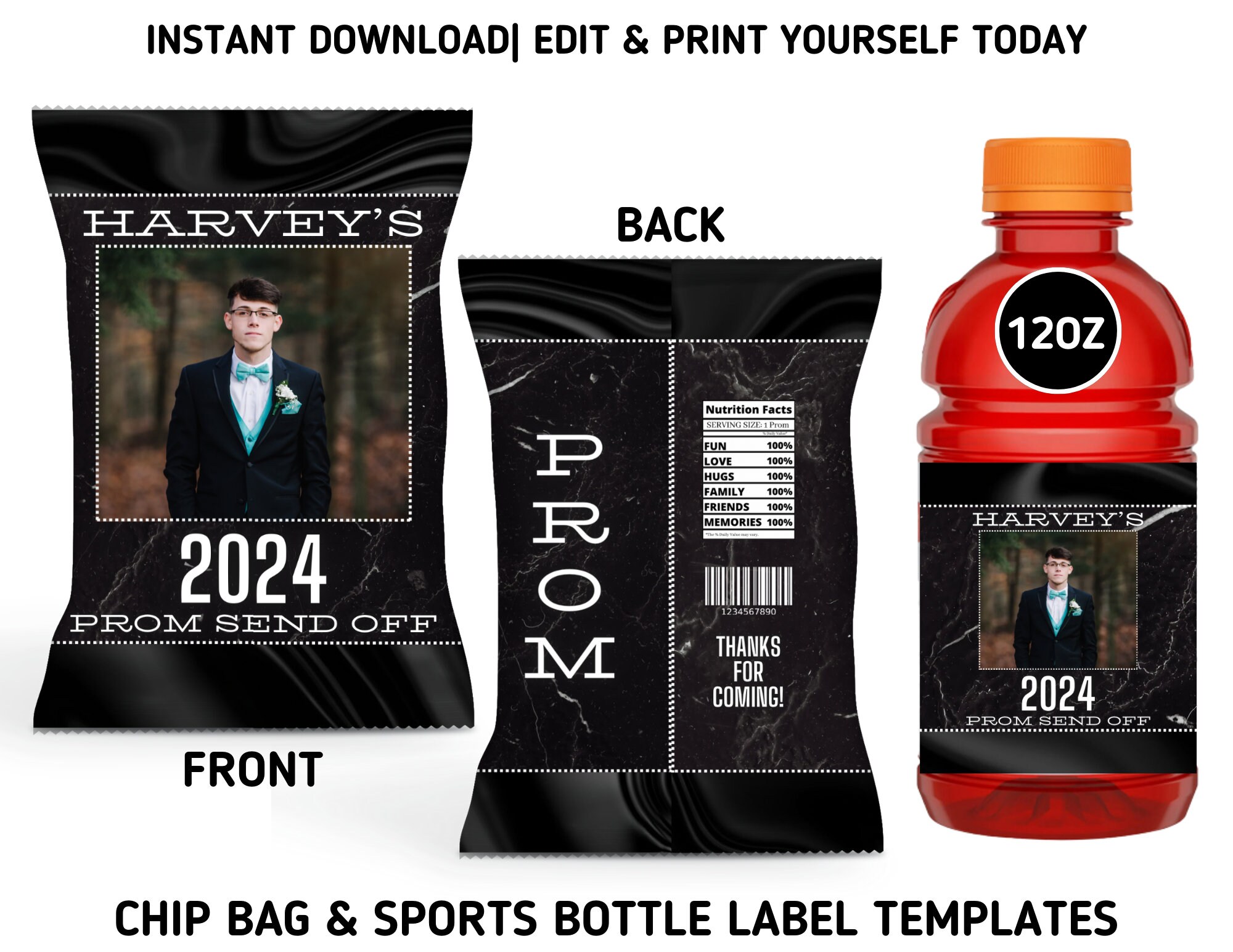 Black Prom Chip Bag & Sports Drink Label Template Bundle, Printable ...