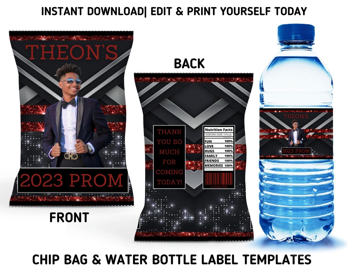 Black and Red Prom Party Template Bundle, 2023 Prom Chip Bag & Water ...