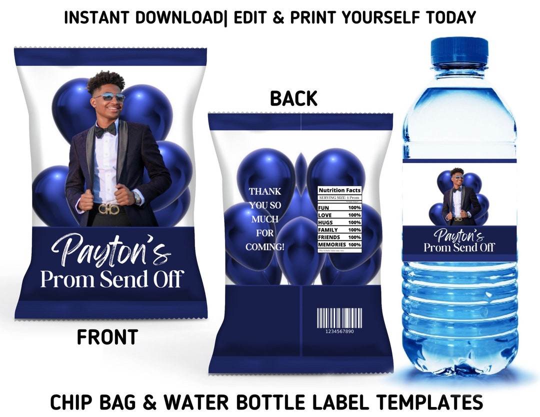 Blue Balloons Prom Party Template Bundle, 2024 Prom Chip Bag & Water ...