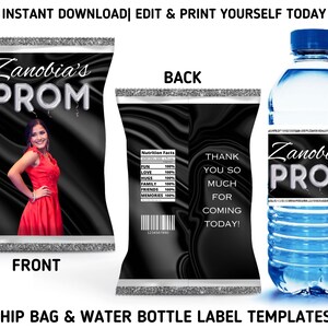 Black and Silver Prom Party Template Bundle, 2025 Prom Chip Bag & Water ...