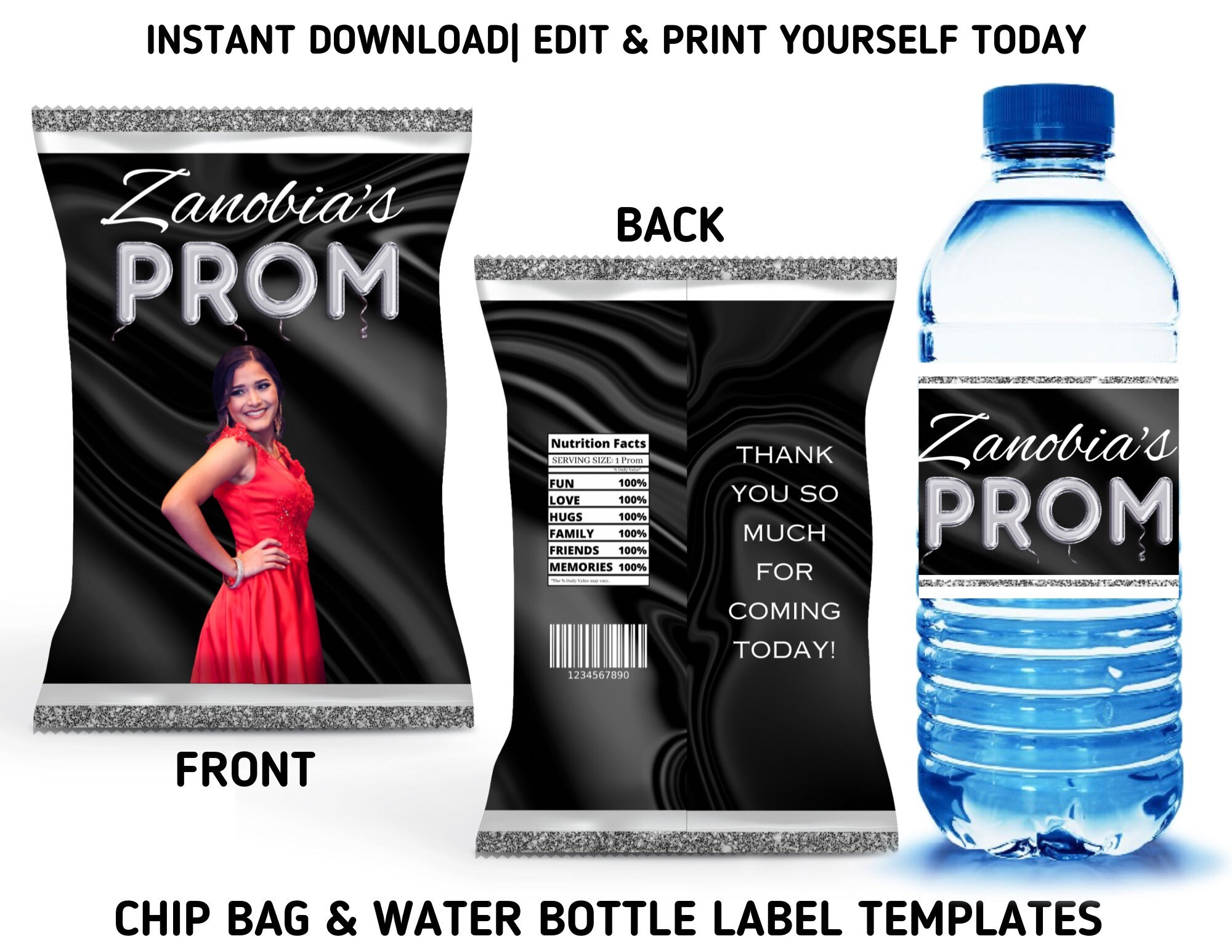 Black and Silver Prom Party Template Bundle, 2024 Prom Chip Bag & Water ...