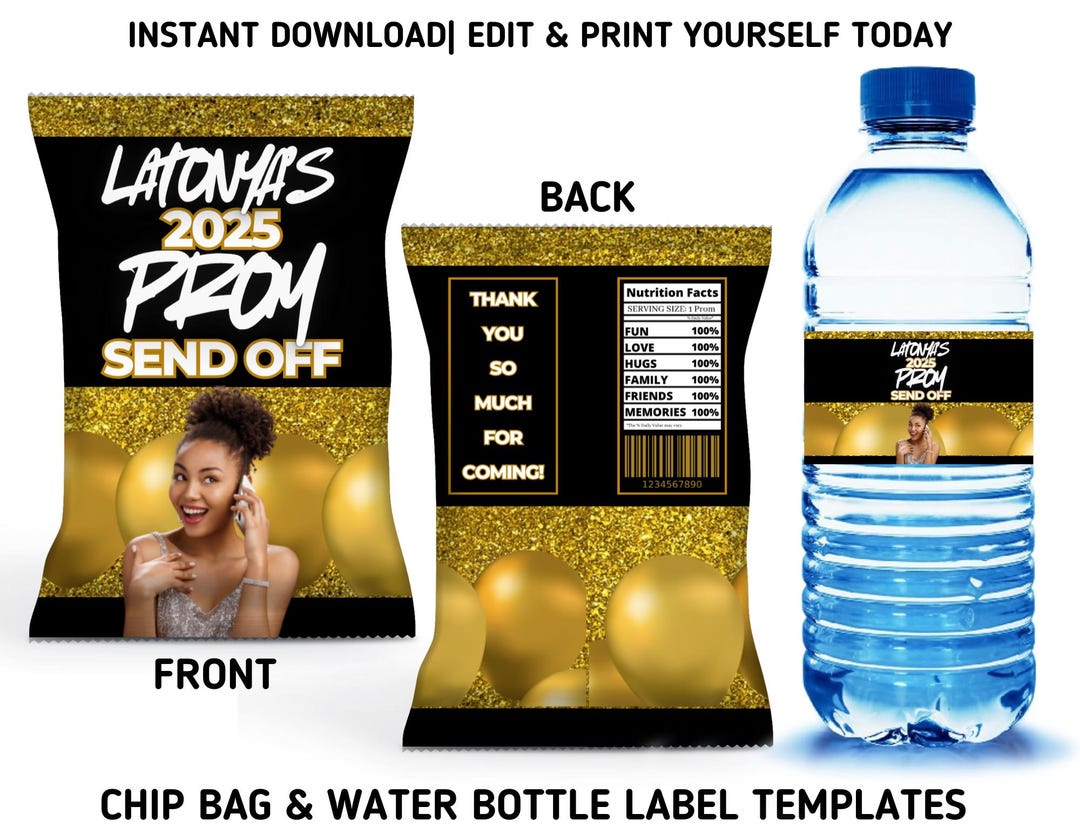 Black/gold Prom Party Template Bundle, 2025 Prom Send off Chip Bag ...