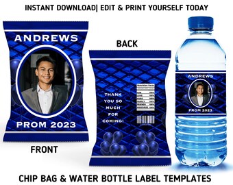 Blue Balloons Prom Party Template Bundle, 2024 Prom Chip Bag & Water ...