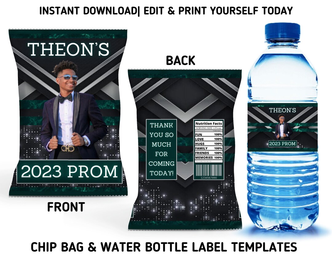 Green Prom Chip Bag & Water Bottle Labels Templates - Etsy