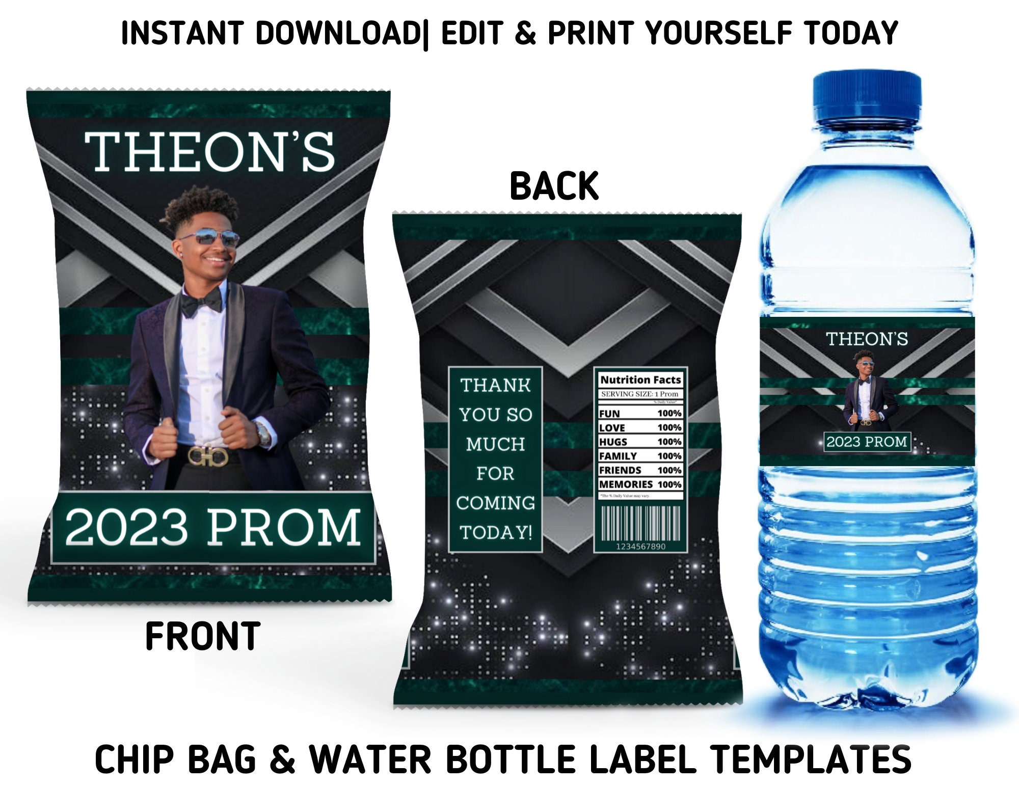 Green Prom Chip Bag & Water Bottle Labels Templates - Etsy