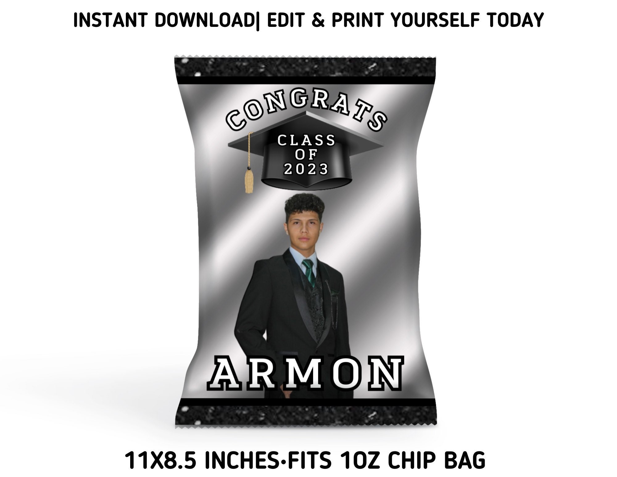 Black and Silver Graduation Party Template Bundle, Photo Grad Chip Bag ...