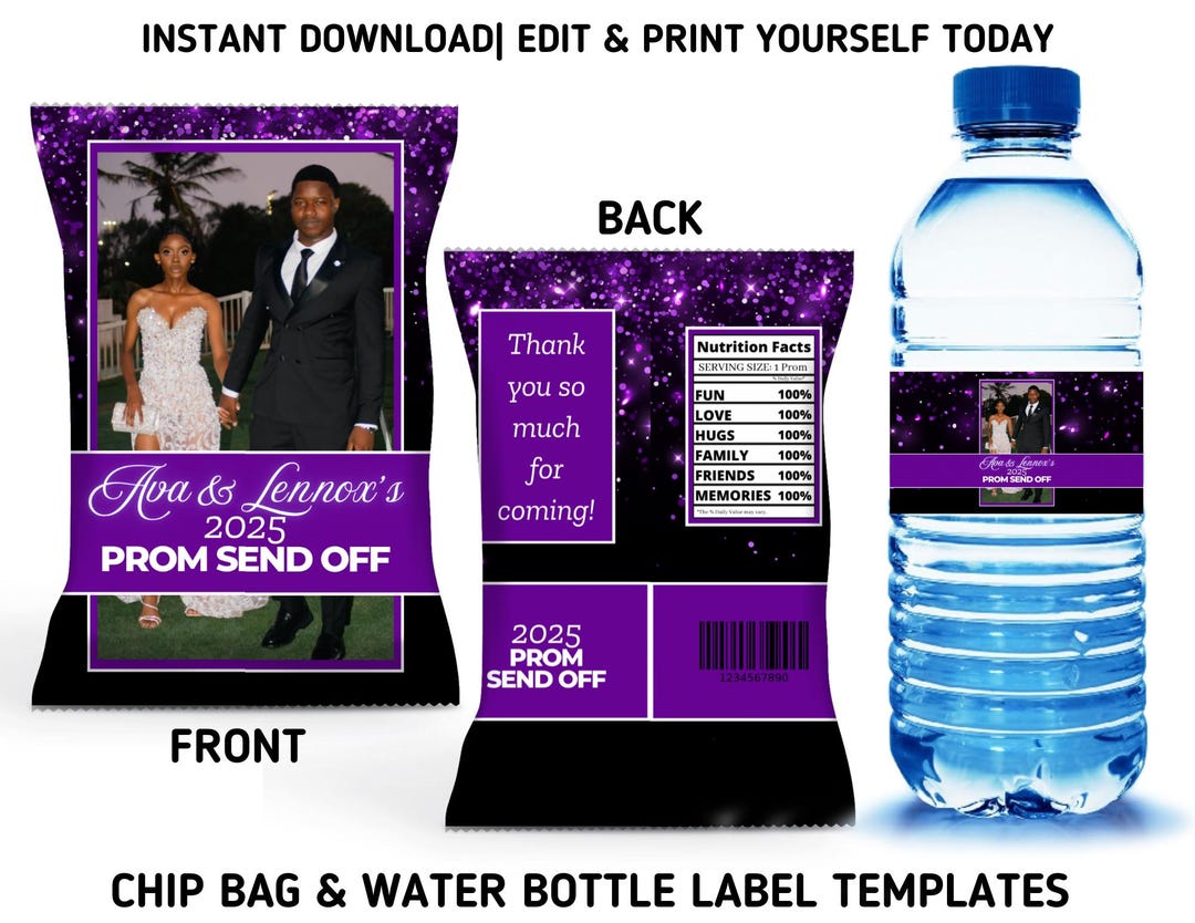 Purple Prom Send off Template Bundle, 2025 Prom Chip Bag & Water Bottle ...