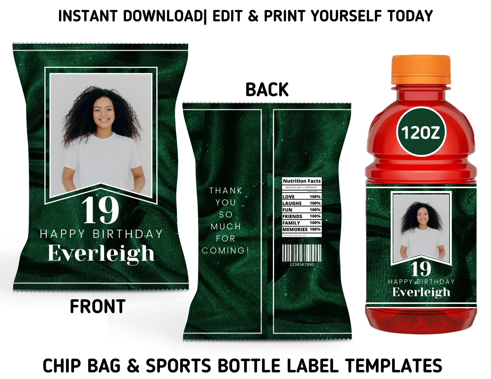 Dark Green Birthday Chip Bag & Sports Drink Label Template Bundle ...